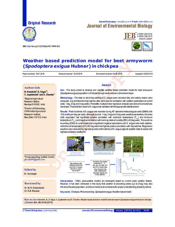 (PDF) Weather based prediction model for beet armyworm (Spodoptera exigua Hubner) in chickpea