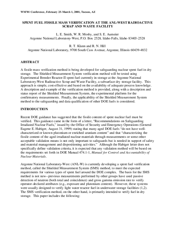 (PDF) Spent Fuel Fissile Mass Verification at the Anl-West Radioactive ...