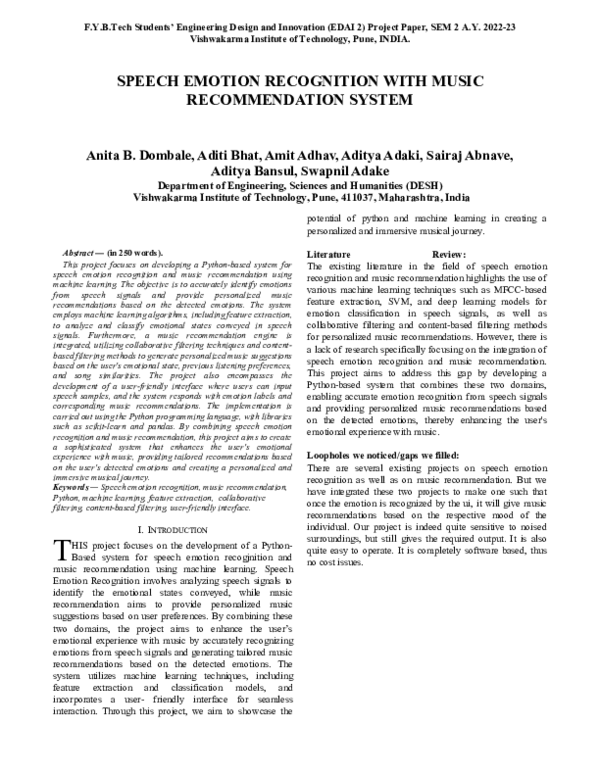 (DOC) SPEECH EMOTION RECOGNITION WITH MUSIC RECOMMENDATION SYSTEM