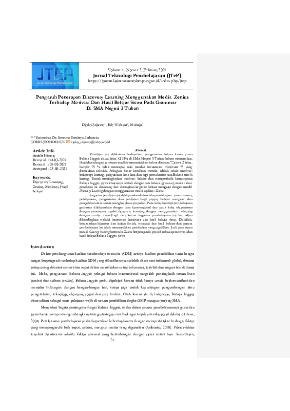 (PDF) Pengaruh Penerapan Discovery Learning Menggunakan Media Zenius Terhadap Motivasi Dan Hasil ...