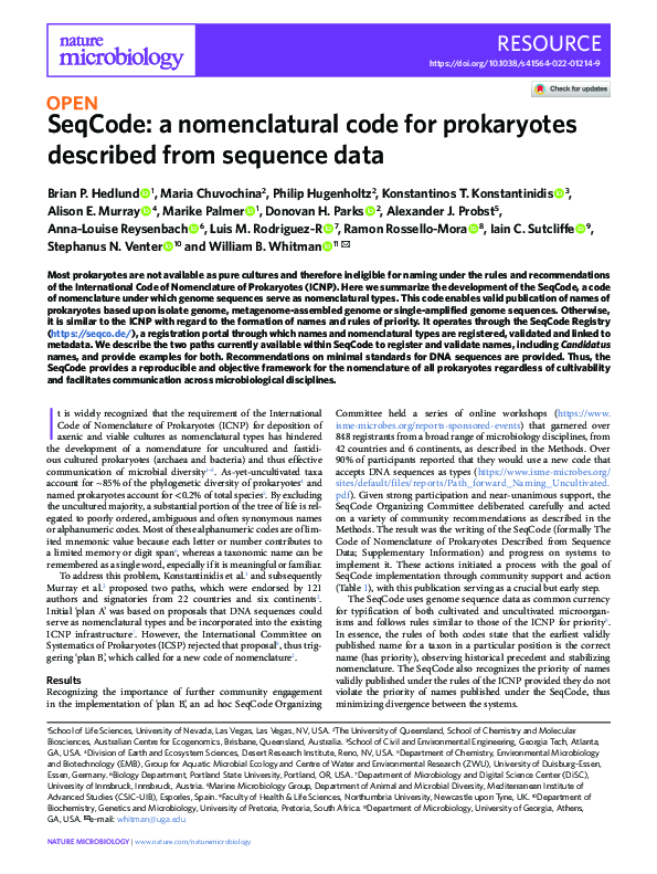 (PDF) SeqCode: a nomenclatural code for prokaryotes described from ...