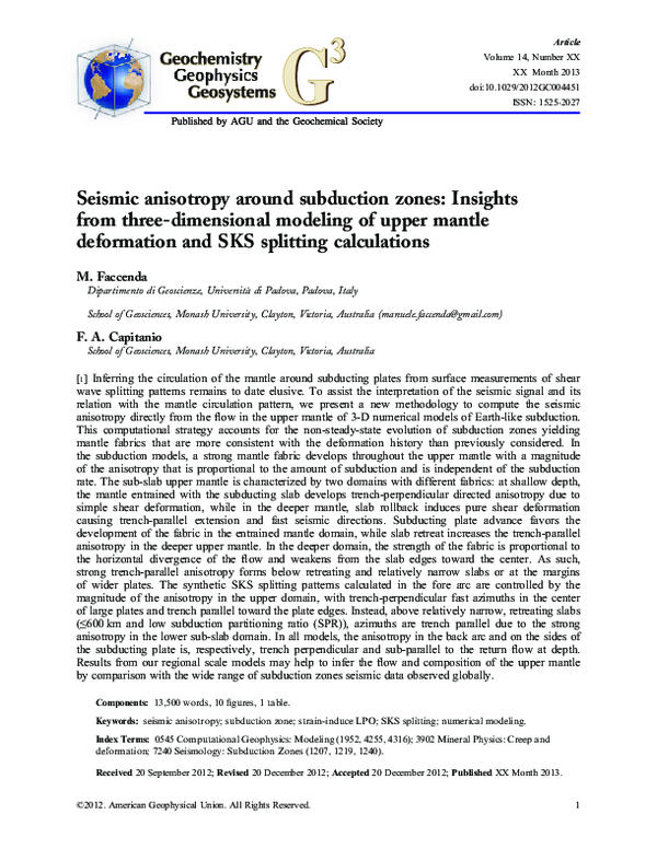 (PDF) Seismic anisotropy around subduction zones: Insights from three-dimensional modeling of ...