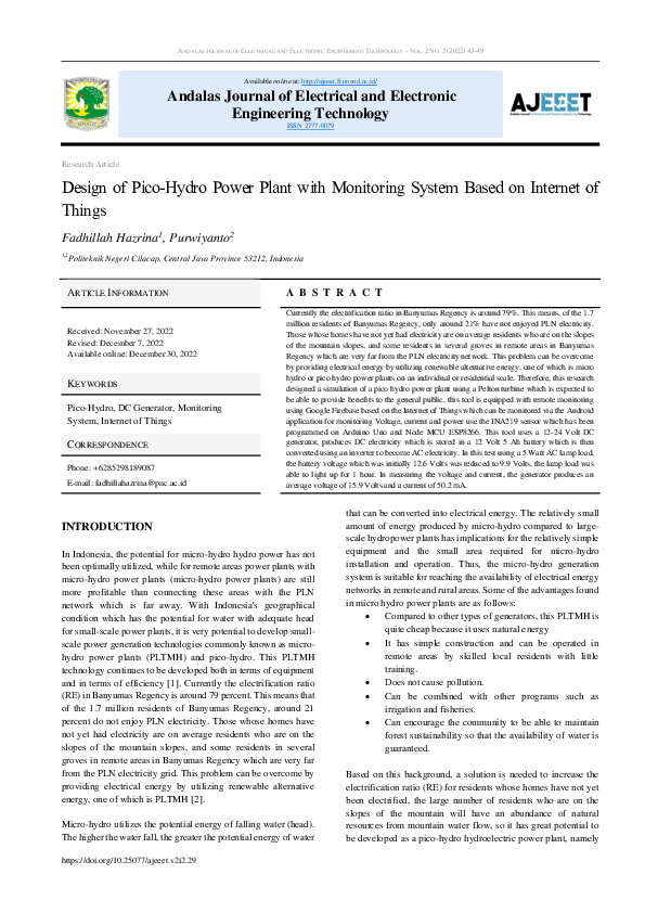 (PDF) Design of Pico-Hydro Power Plant with Monitoring System Based on ...