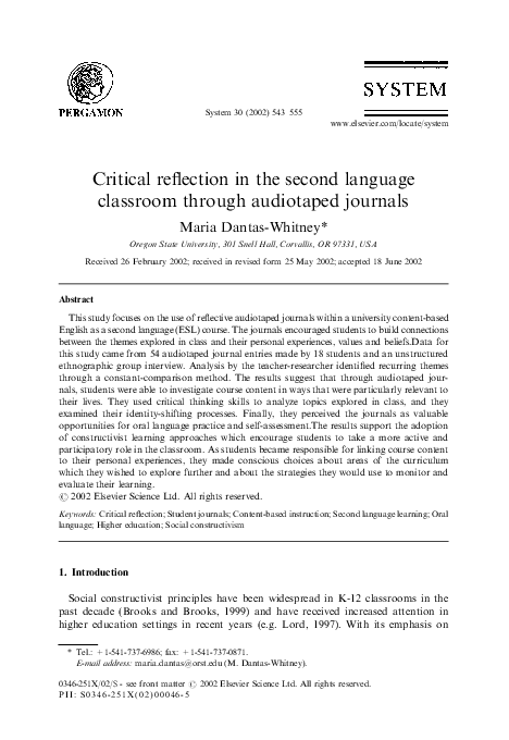 (PDF) Critical reflection in the second language classroom through audiotaped journals