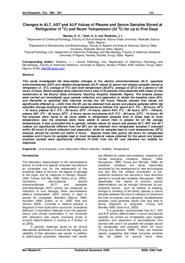 (PDF) Changes in alt, ast and alp values of plasma and serum samples ...