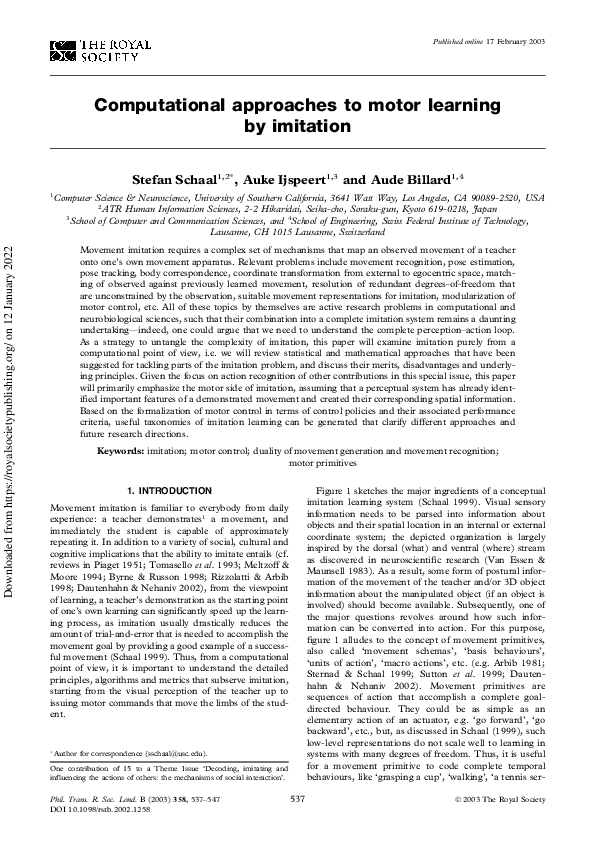 (PDF) Computational approaches to motor learning (PDF) Computational approaches to motor learning