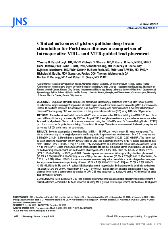 (PDF) Clinical outcomes of globus pallidus deep brain stimulation for ...