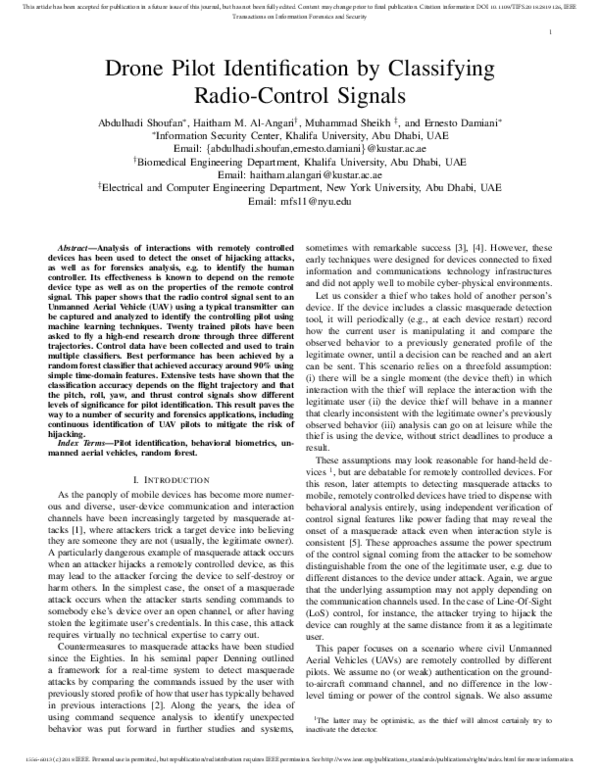 (PDF) Drone Pilot Identification by Classifying Radio-Control Signals