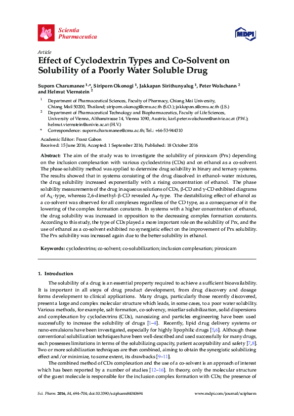 (PDF) Effect of Cyclodextrin Types and Co-Solvent on Solubility of a Poorly Water Soluble Drug