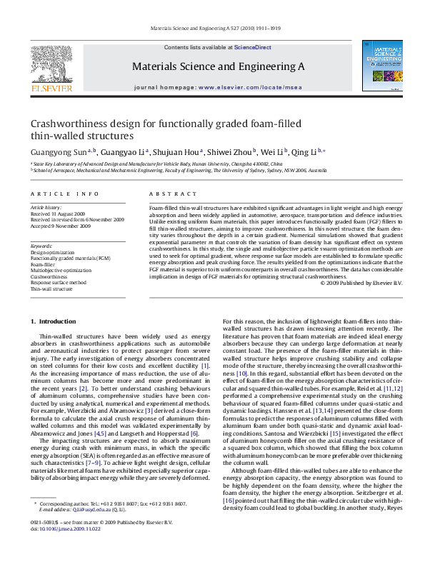 Pdf Crashworthiness Design For Functionally Graded Foam Filled Thin Walled Structures