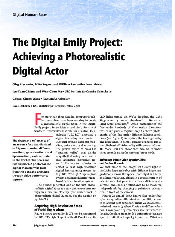 (PDF) The Digital Emily Project: Achieving a Photorealistic Digital Actor
