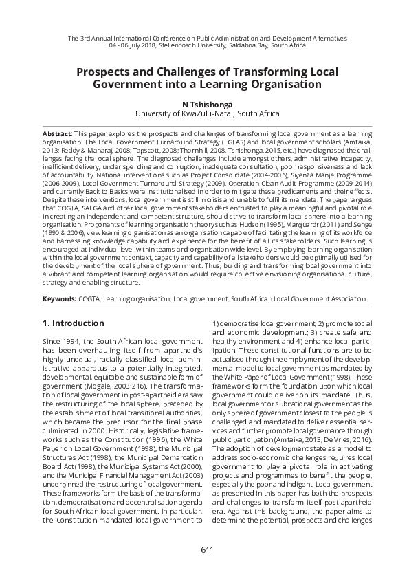 (PDF) Prospects and Challenges of transforming local government into a ...