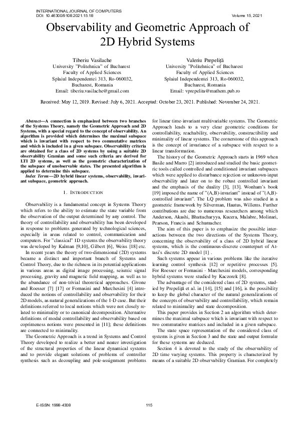 (PDF) Observability and Geometric Approach of 2D Hybrid Systems
