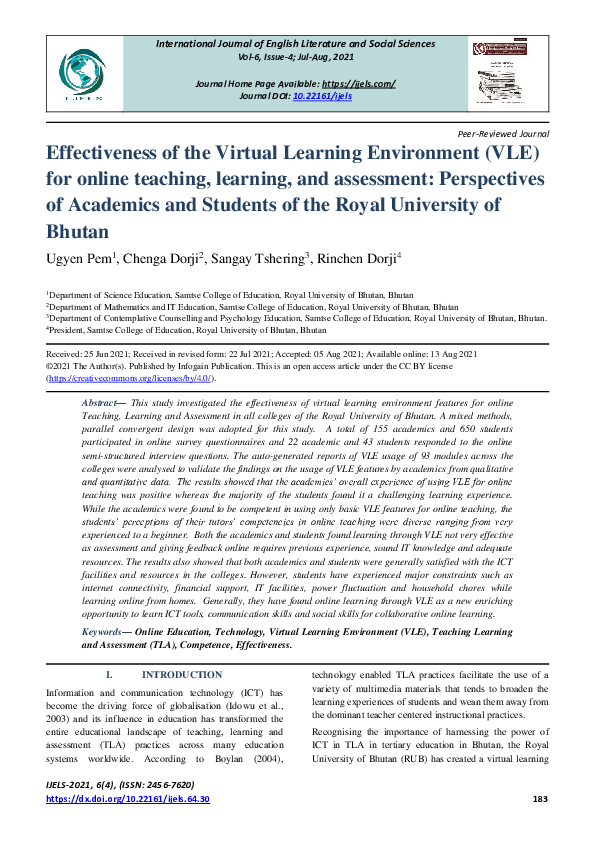 (PDF) Effectiveness of the Virtual Learning Environment (VLE) for online teaching, learning, and ...
