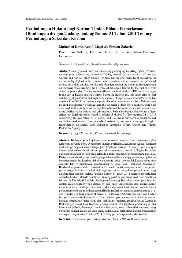 (PDF) Perlindungan Hukum bagi Korban Tindak Pidana Pemerkosaan Dihubungan dengan Undang-undang ...