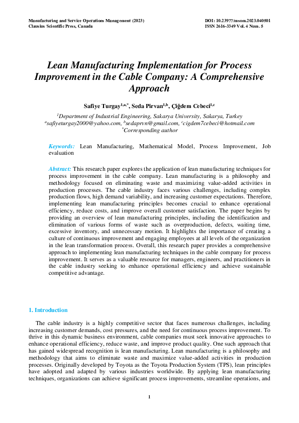 (PDF) Lean Manufacturing Implementation for Process Improvement in the Cable Company: A ...