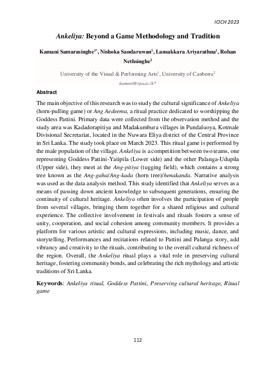 (PDF) Ankeliya Game: Cultural Significance and Heritage in Sri Lanka
