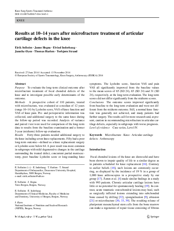 (PDF) Results at 10–14 years after microfracture treatment of articular ...