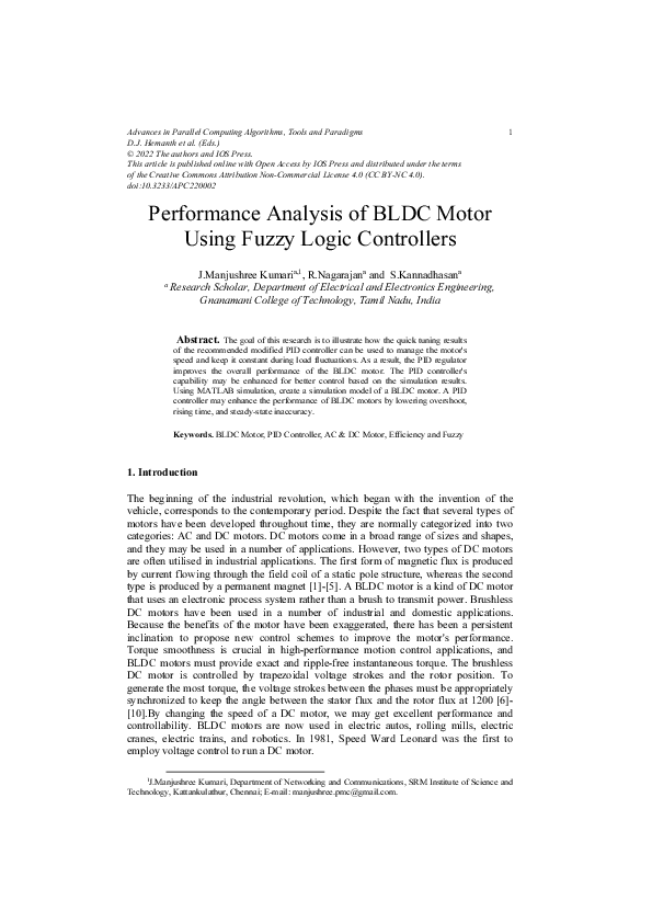 Pdf Performance Analysis Of Bldc Motor Using Fuzzy Logic Controllers