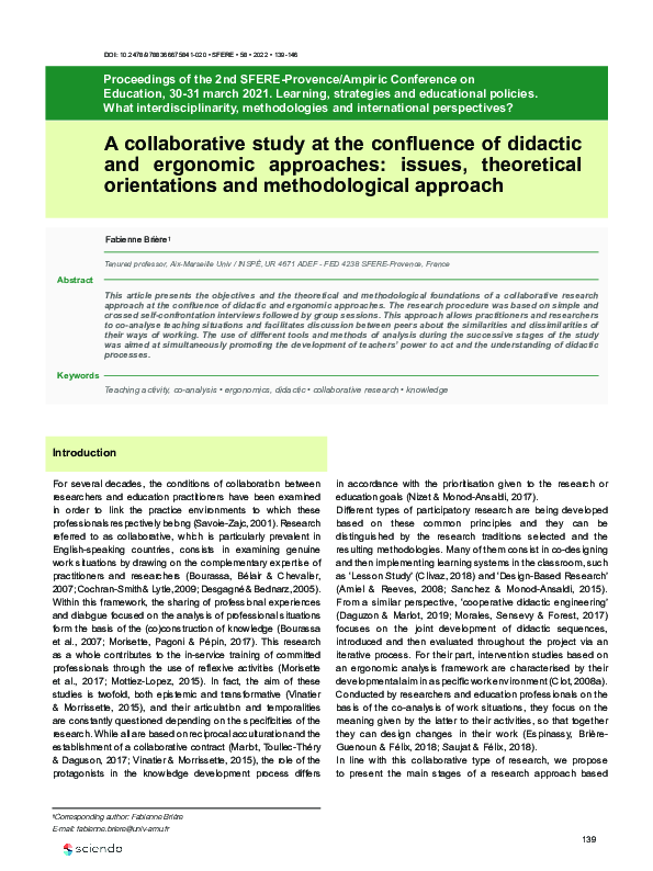 (PDF) A collaborative study at the confluence of didactic and ergonomic approaches: issues ...