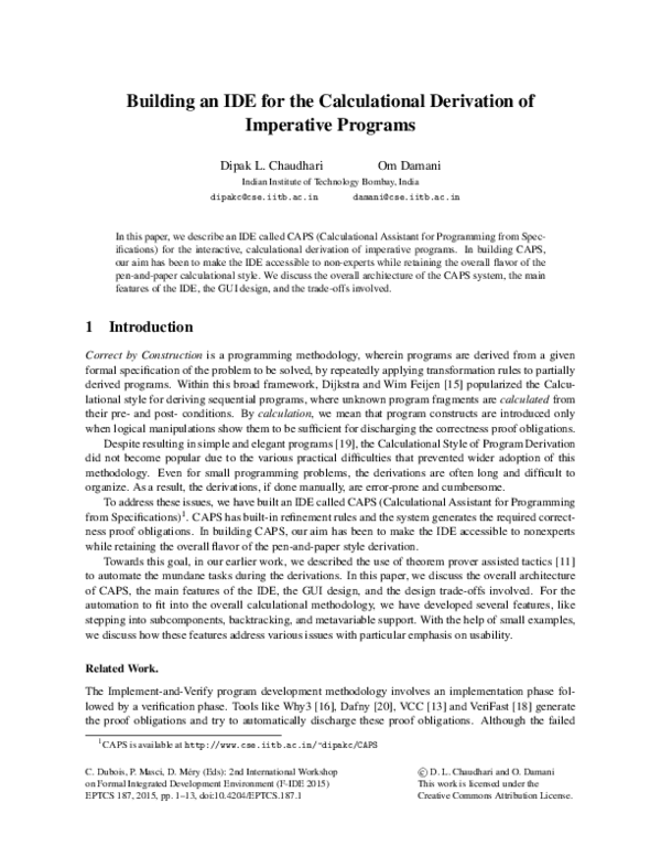 (PDF) Building an IDE for the Calculational Derivation of Imperative Programs | Om Damani ...
