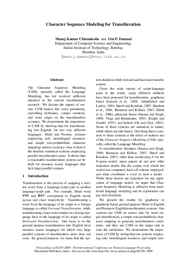 (PDF) Character Sequence Modeling for Transliteration