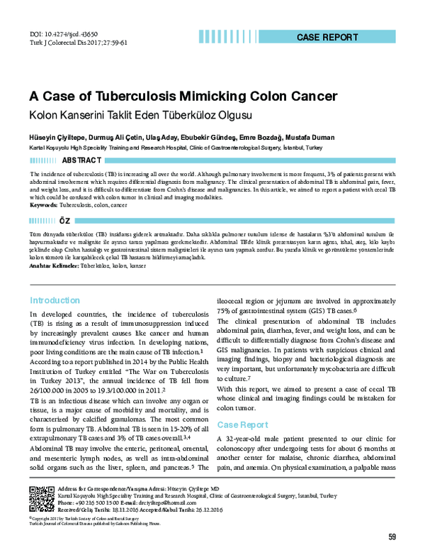 (PDF) A Case of Tuberculosis Mimicking Colon Cancer | ulaş aday - Academia.edu