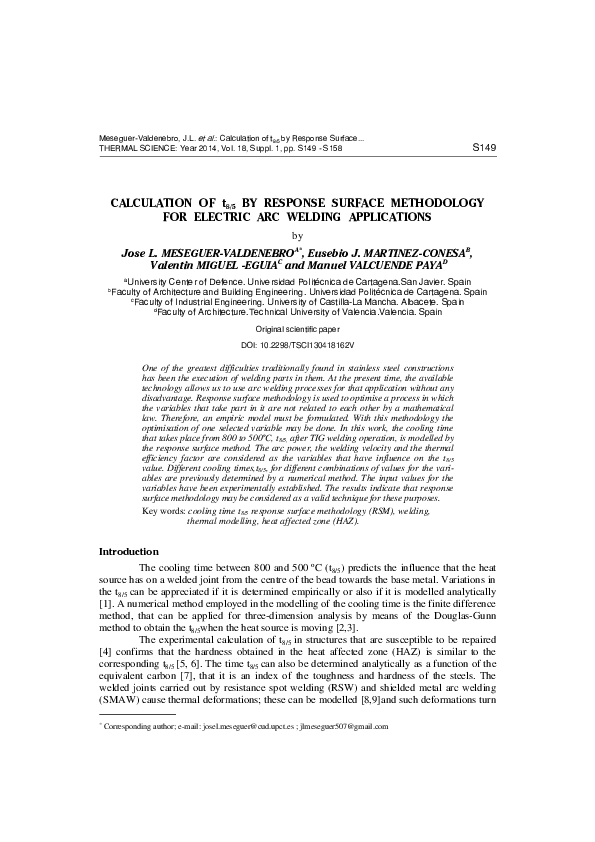 (PDF) BY RESPONSE SURFACE METHODOLOGY FOR ELECTRIC ARC WELDING APPLICATIONS by