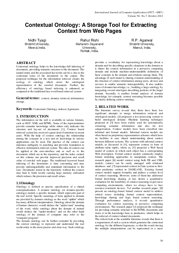 Pdf Contextual Ontology A Storage Tool For Extracting Context From Web Pages