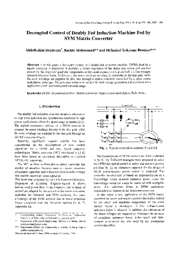 Pdf Decoupled Control Of Doubly Fed Induction Machine Fed By Svm Matrix Converter