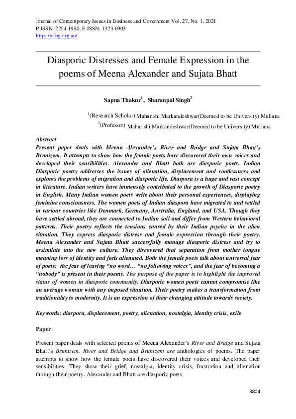 (PDF) Diasporic Distresses and Female Expression in the poems of Meena ...