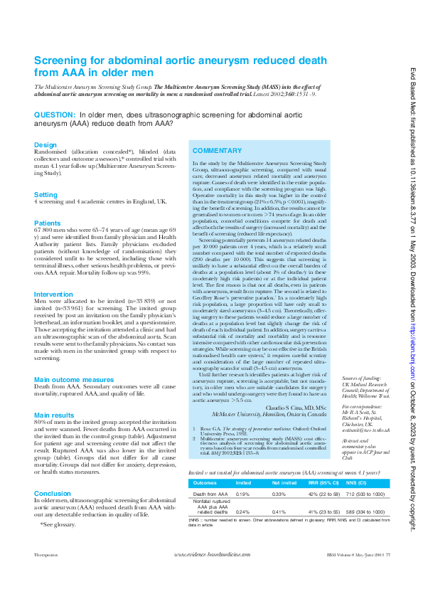 (PDF) Screening for abdominal aortic aneurysm reduced death from AAA in ...