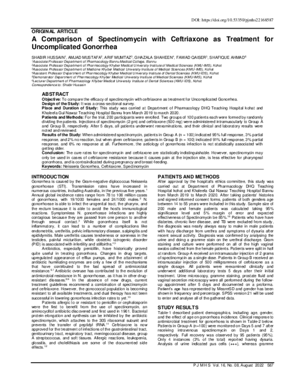 (PDF) A Comparison of Spectinomycin with Ceftriaxone as Treatment for ...