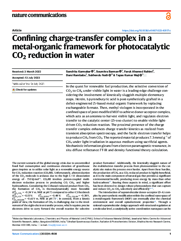 (PDF) Confining charge-transfer complex in a metal-organic framework for photocatalytic CO2 ...
