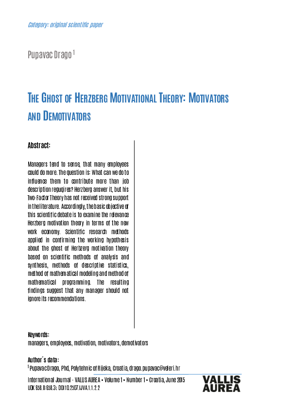 (PDF) The Ghost Of Herzberg Motivational Theory: Motivators And Demotivators