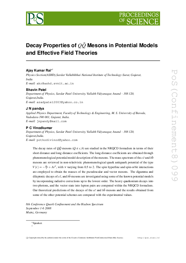 (PDF) Decay Properties of $Q\bar Q$ Mesons in Potential Models and ...