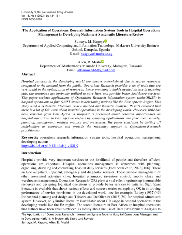 (PDF) The Application of Operations Research Information System Tools in Hospital Operations ...