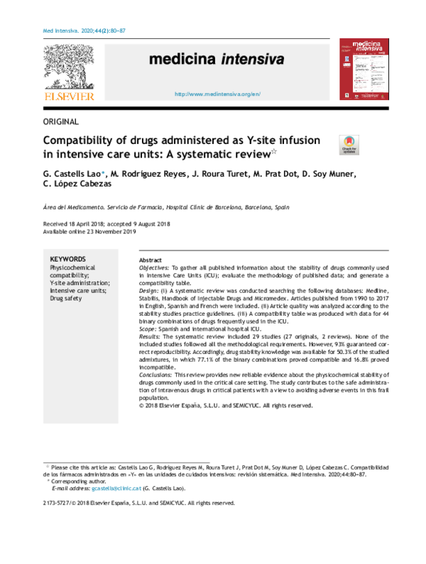 Pdf Compatibility Of Drugs Administered As Y Site Infusion In
