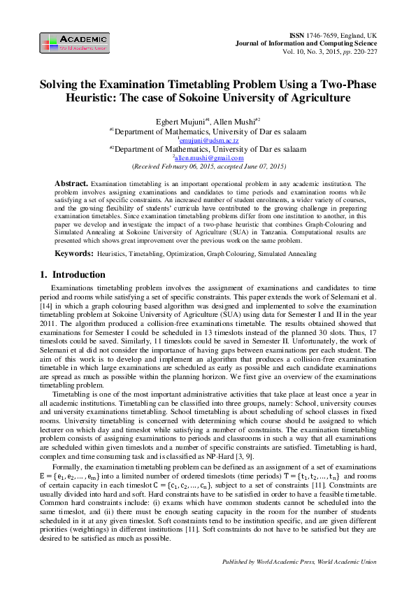 Pdf Solving The Examination Timetabling Problem Using A Two Phase Heuristic 