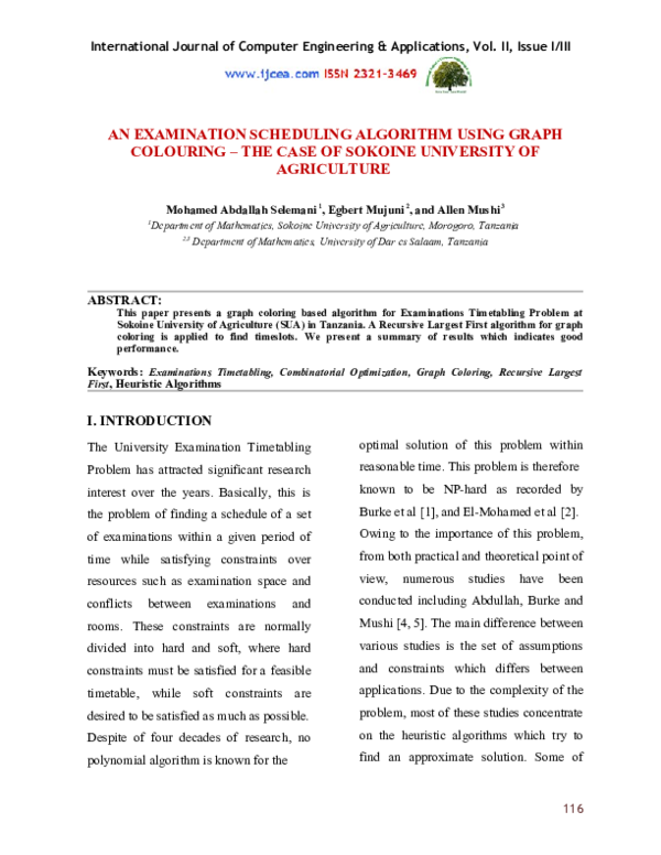Pdf En Examination Scheduling Algorithm Using Graph Coloring The Case Of Sokoine University