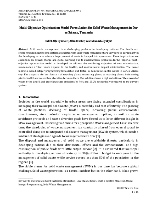 (PDF) Multi-Objective Optimization Model Formulation for Solid Waste Management in Dar es Salaam ...