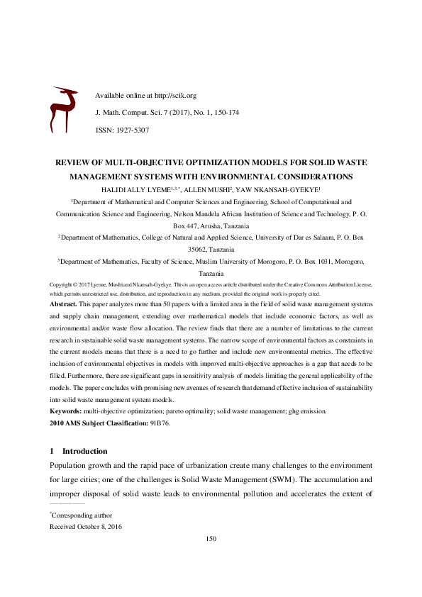 (PDF) Review of Multi-Objective Optimization Models for Solid Waste ...