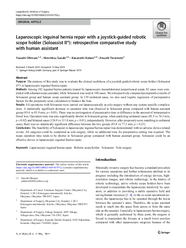 (PDF) Laparoscopic inguinal hernia repair with a joystick-guided robotic scope holder ...