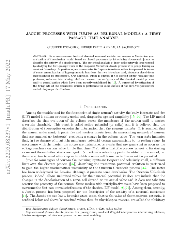 (PDF) Jacobi processes with jumps as neuronal models: a first passage ...