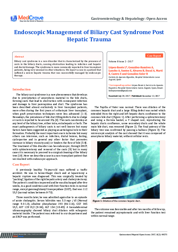 (PDF) Endoscopic Management of Biliary Cast Syndrome Post Hepatic Trauma