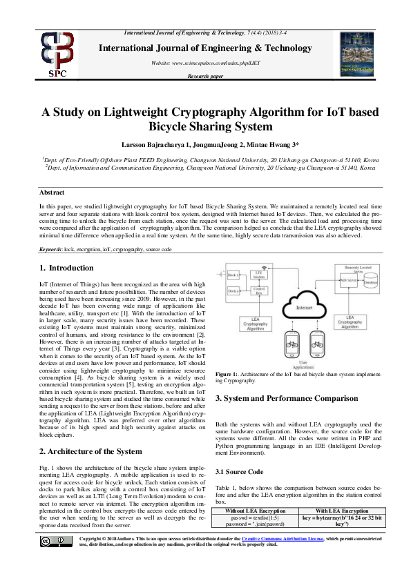 (PDF) A Study on Lightweight Cryptography Algorithm for IoT based Bicycle Sharing System ...