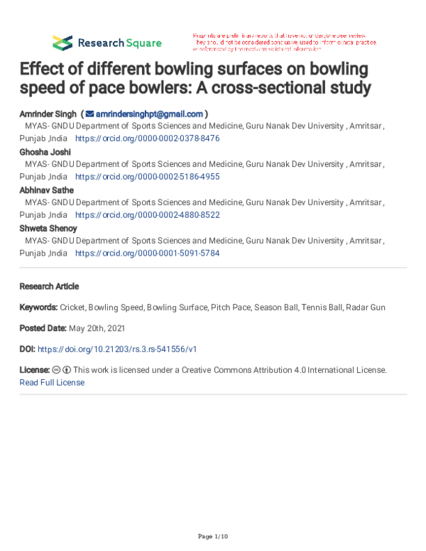 (PDF) Effect of different bowling surfaces on bowling speed of pace ...