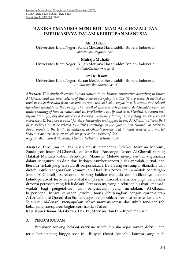 (PDF) Hakikat Manusia Dan Implikasi Dalam Islam Perspektif Imam Al- Ghozali