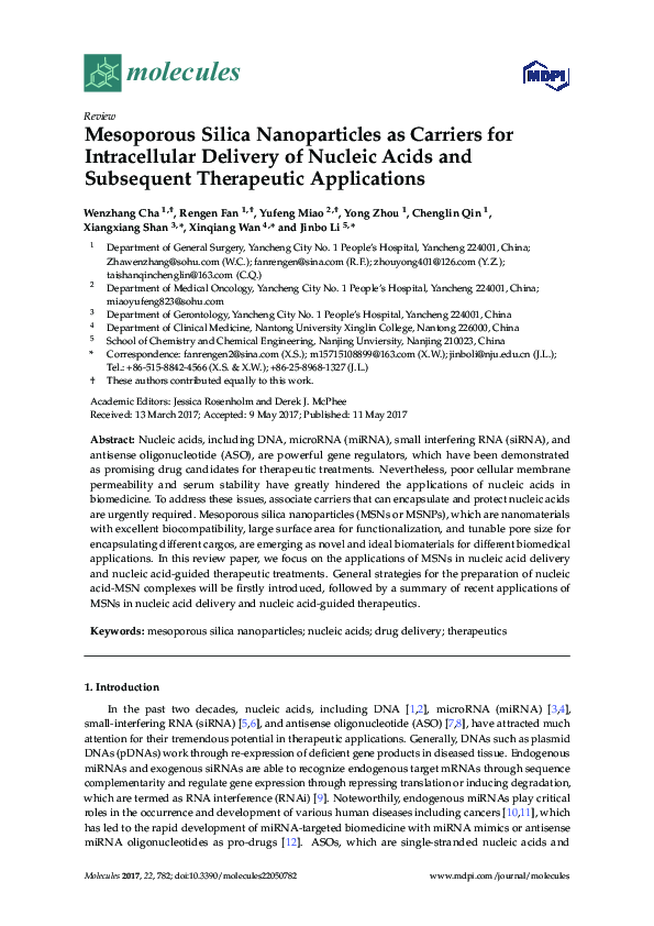 (PDF) Mesoporous Silica Nanoparticles as Carriers for Biomolecules in Cancer Therapy