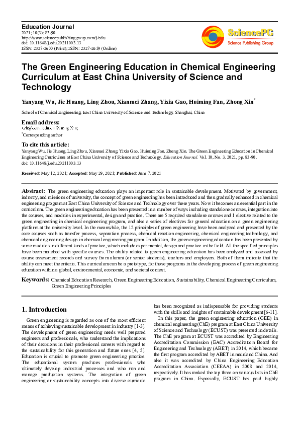 (PDF) The Green Engineering Education in Chemical Engineering ...